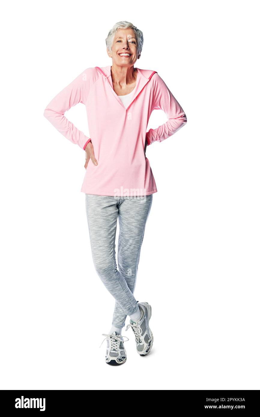 Fitness portrait, body and senior woman isolated on transparent, png ...