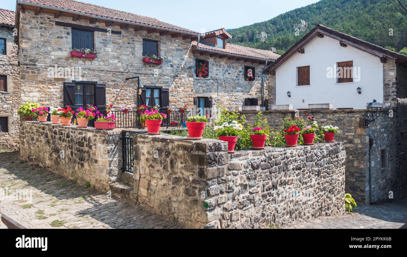 Houses with flowers in the pretty village of Roncal, Valle de Roncal ...