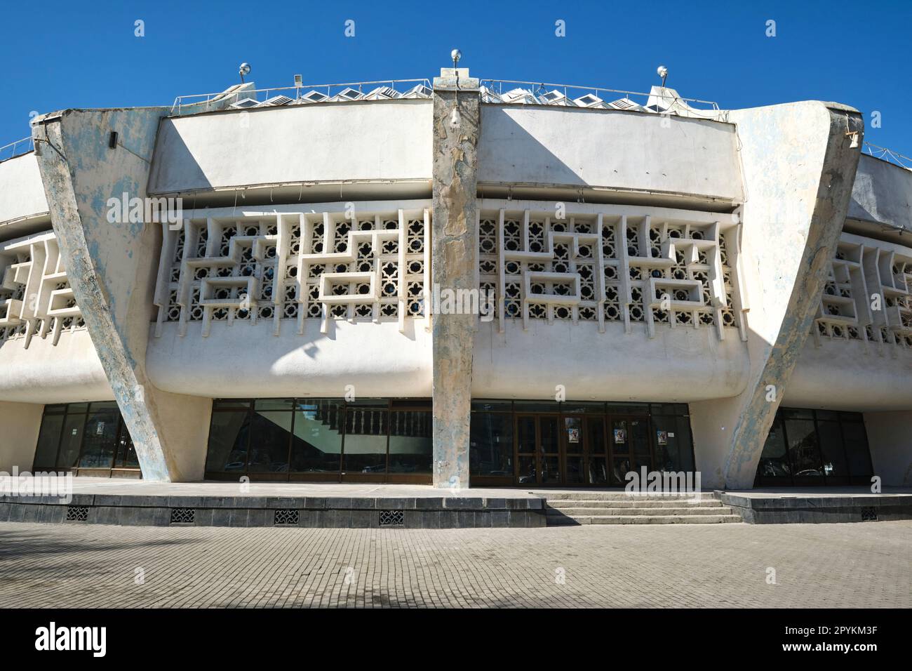 Detail view of the brutalist, modernist, cosmic style Circus building ...
