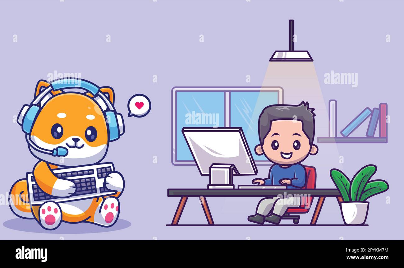 Cute man working in office cartoon vector icon illustration. people ...