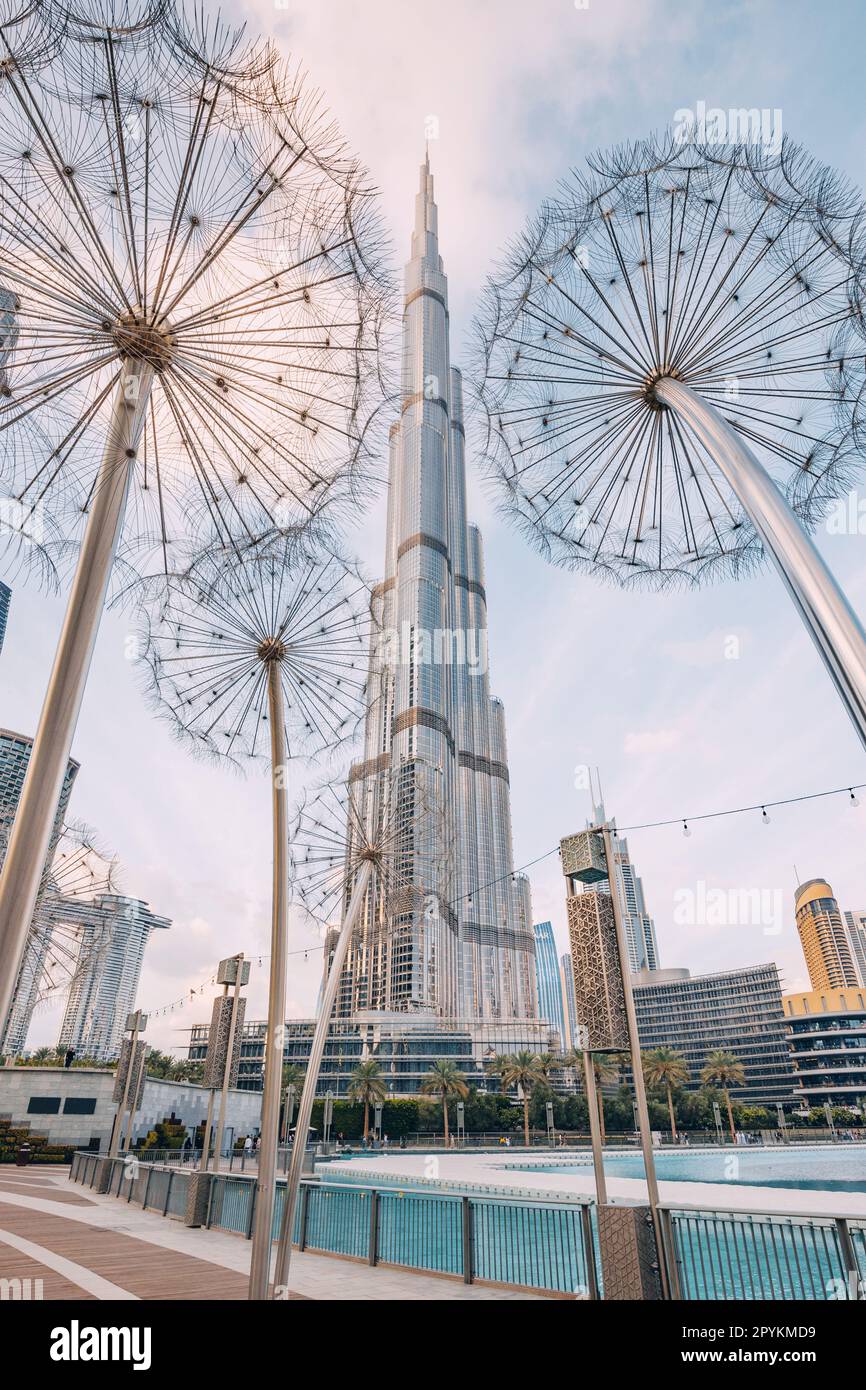 Famous Burj Khalifa skyscraper tower and dandelion sculptures on the ...
