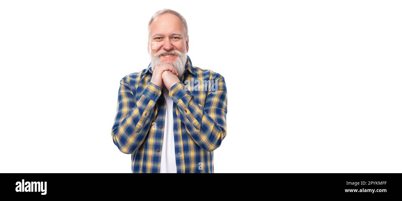 smiling kind 50s mid aged gray-haired man with a beard in a shirt on a ...