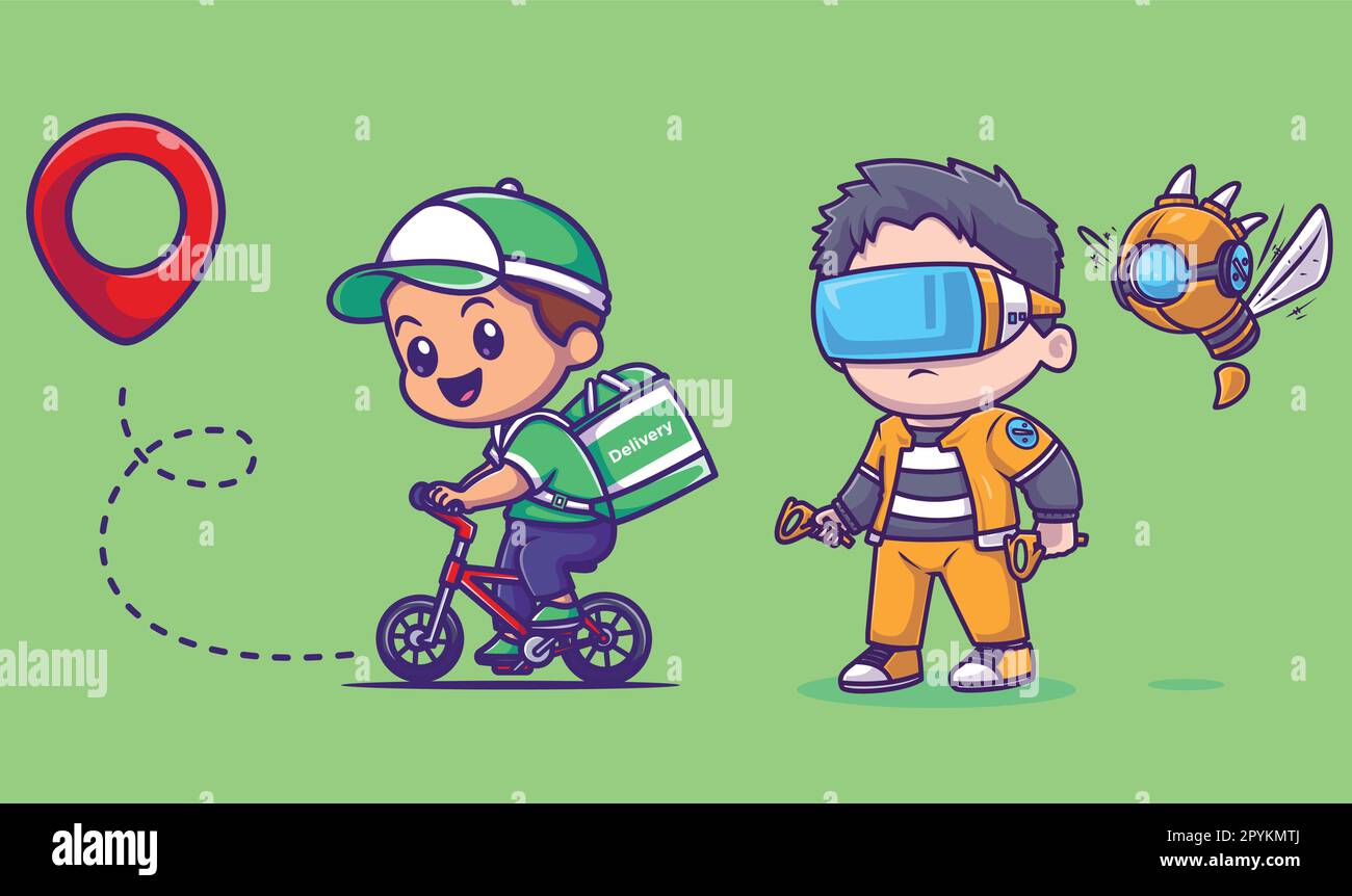 Cute boy playing vr game with robot cartoon vector icon illustration ...