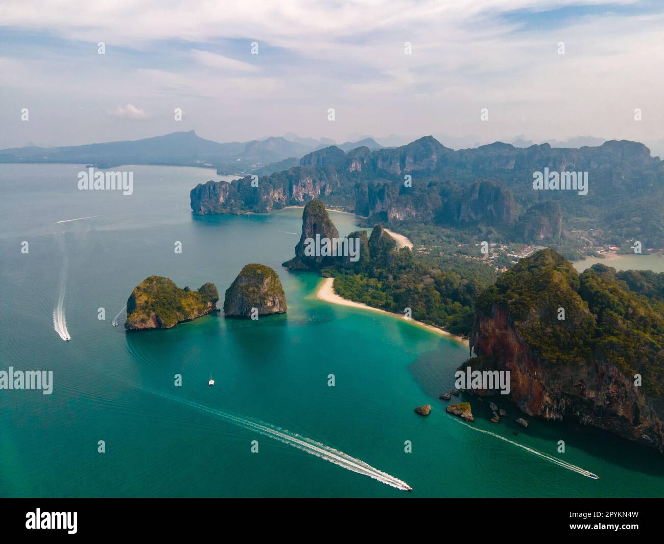 Aerial drone view at the limestone cliffs of Railay Beach Krabi ...