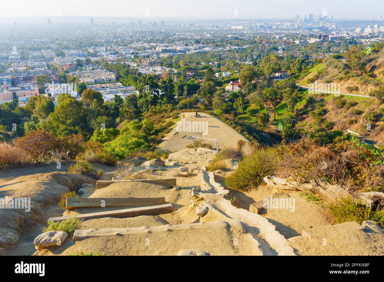 Hiking trail in Runyon Canyon Park leading to a scenic vista point with ...