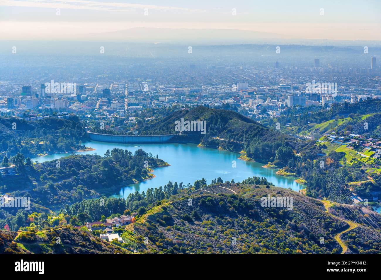 Hollywood Reservoir and the city of Los Angeles seen from a hilltop ...