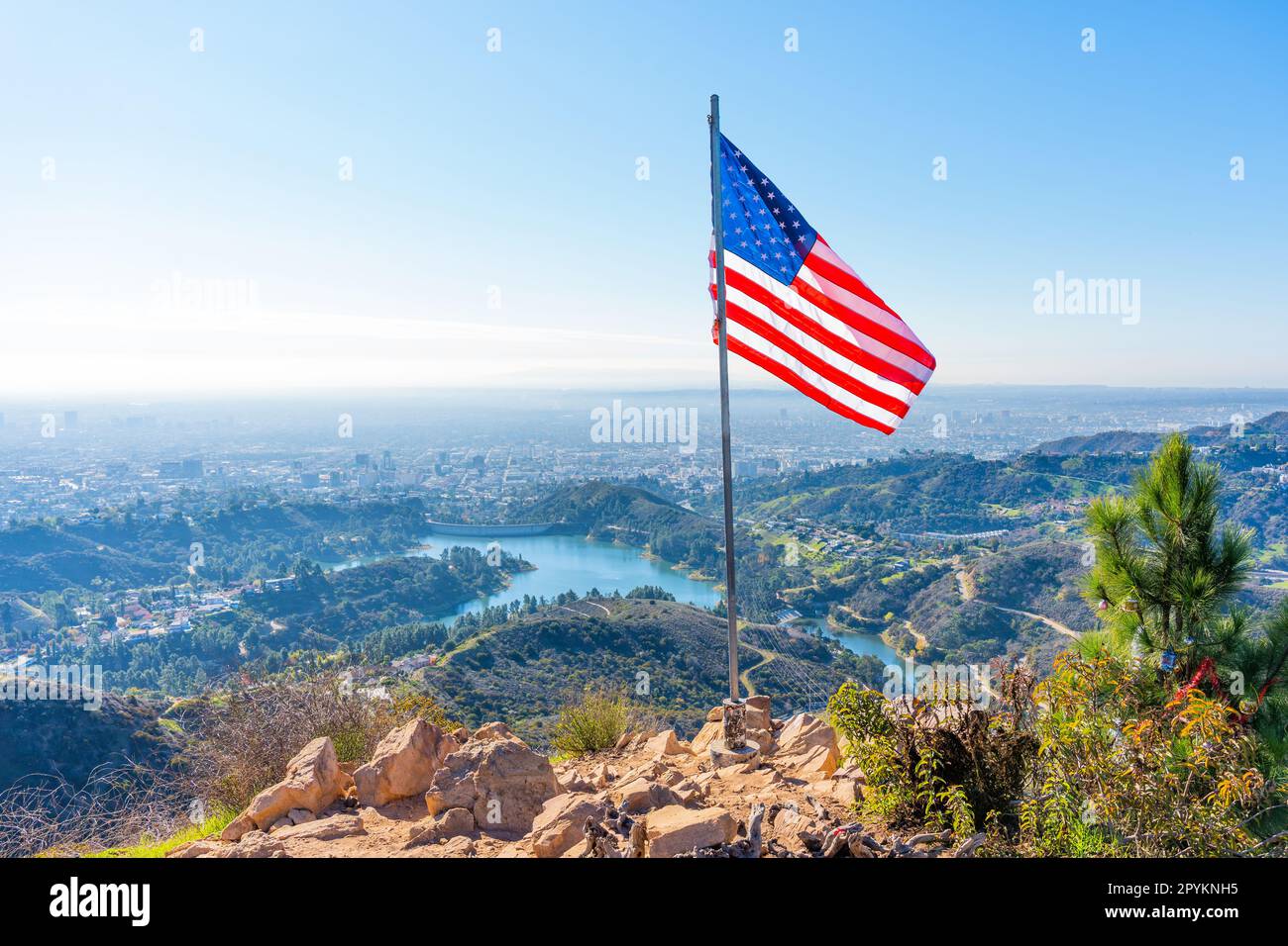 American flag waving proudly at the summit of Griffith Park Trail ...