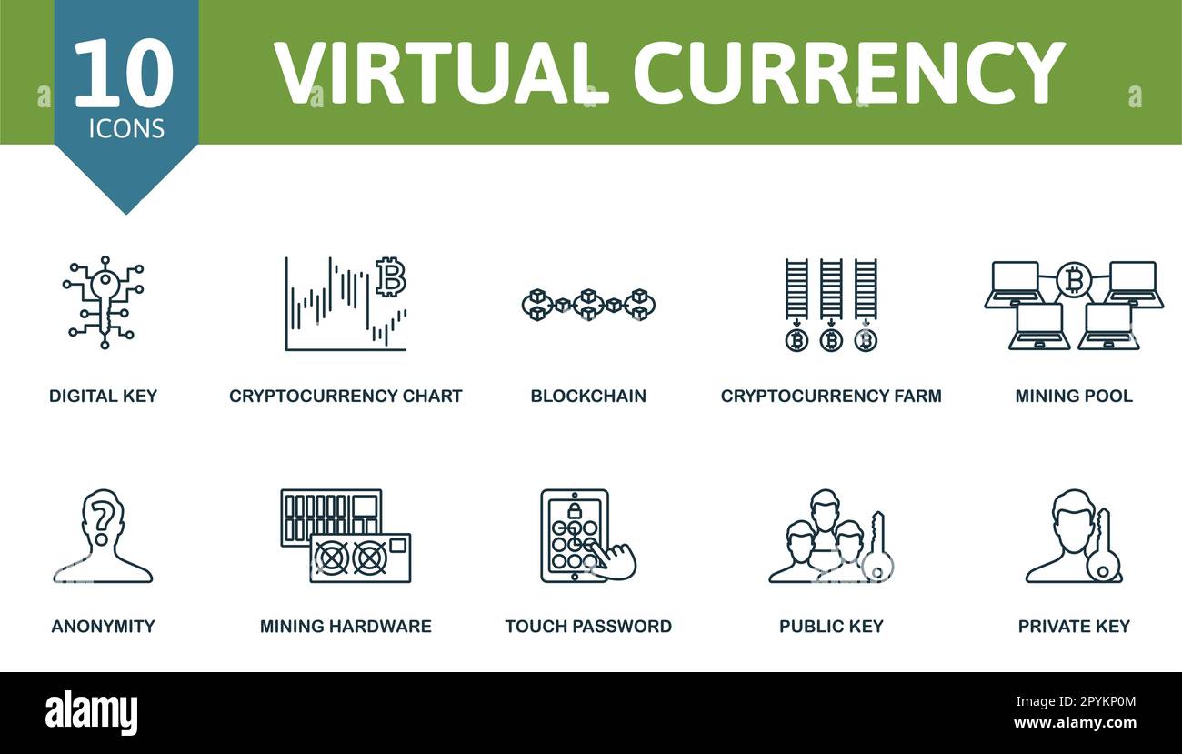 Virtual currency outline set. Creative icons: digital key ... Virtual currency outline set. Creative icons: digital key ...