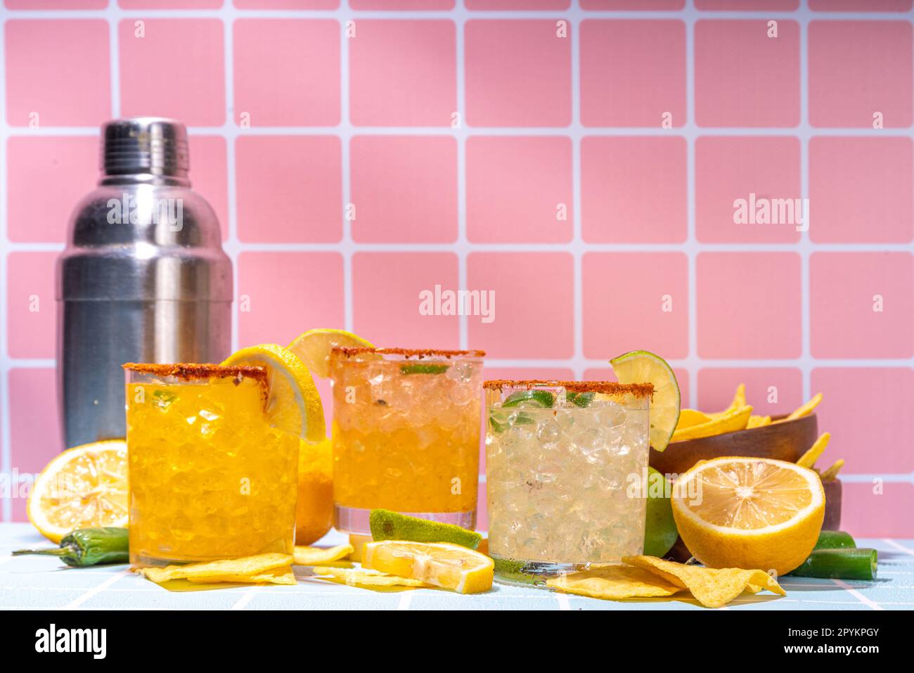 Set of tequila margarita mexican cocktails, with jalapeno pepper, lime ...