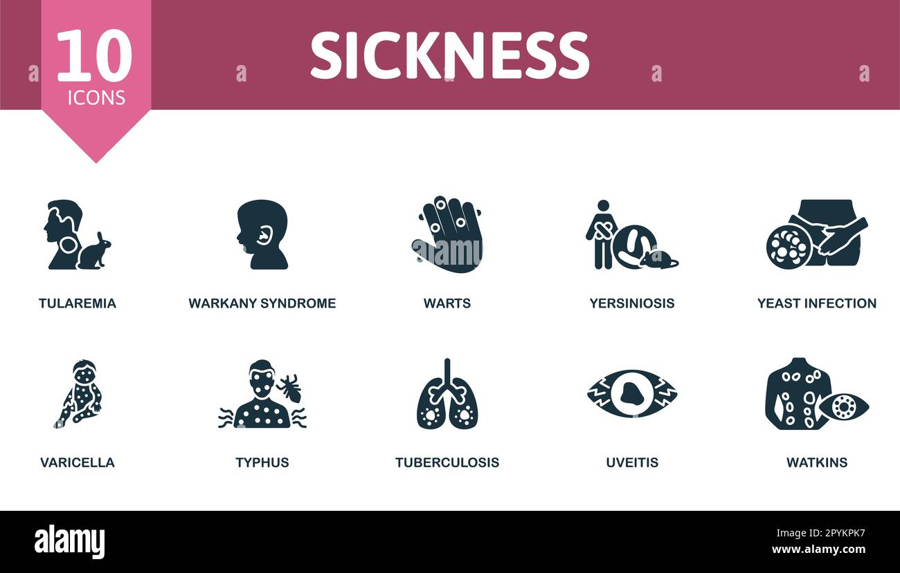Sickness outline set. Creative icons: tularemia, warkany syndrome ...