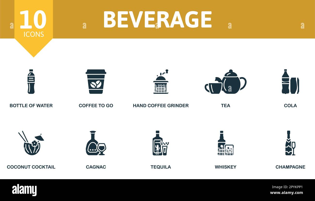 Beverage outline set. Creative icons: bottle of water, coffee to go ...