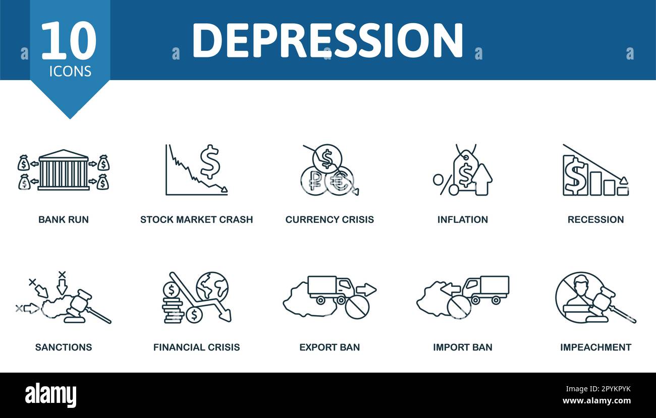 Depression outline set. Creative icons: bank run, stock market crash ...