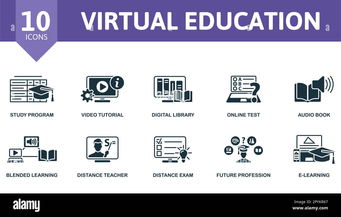 Virtual education outline set. Creative icons: study program, video ...