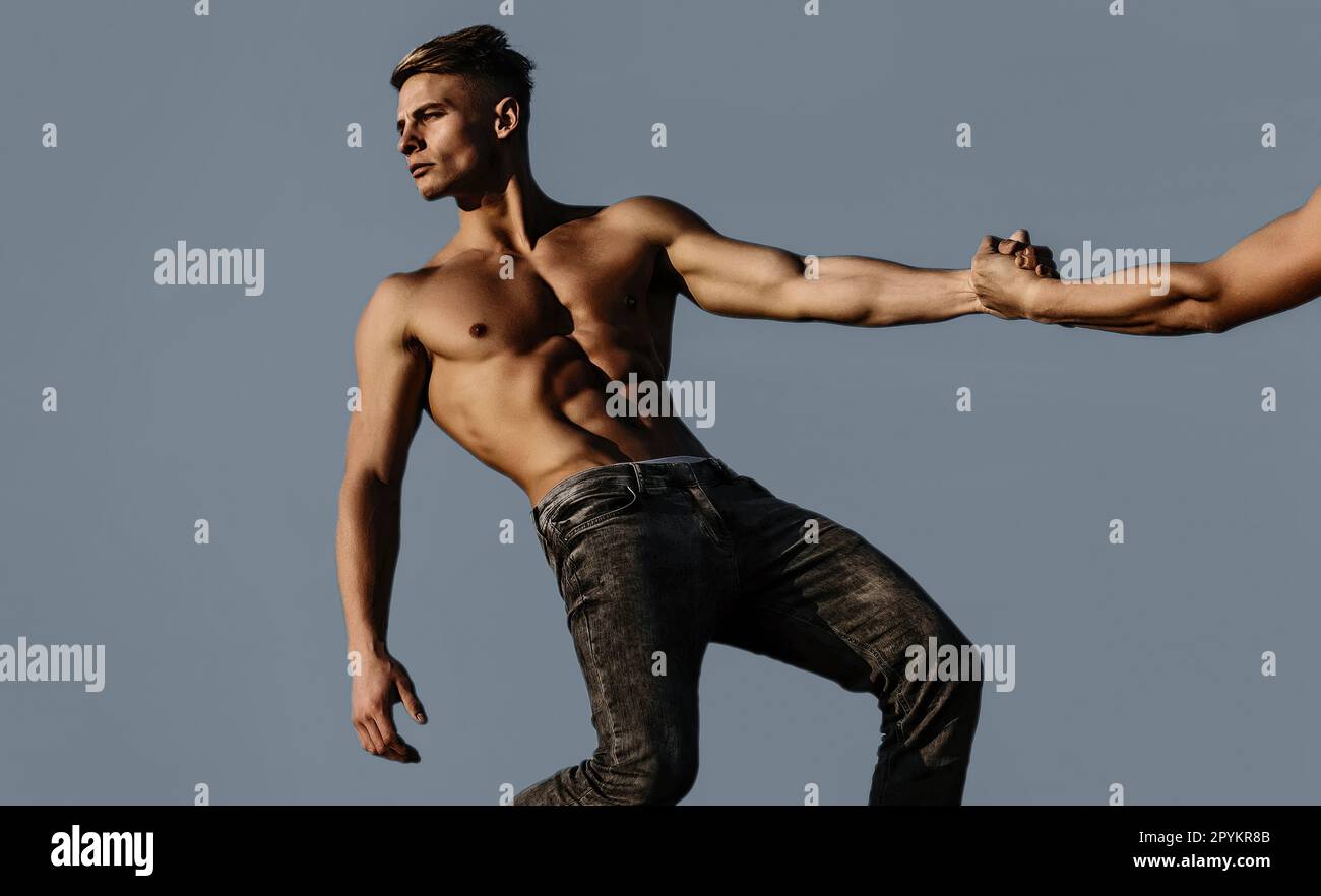 Helping hand, support. Men arm, salvation. Two hands, helping arm of a ...