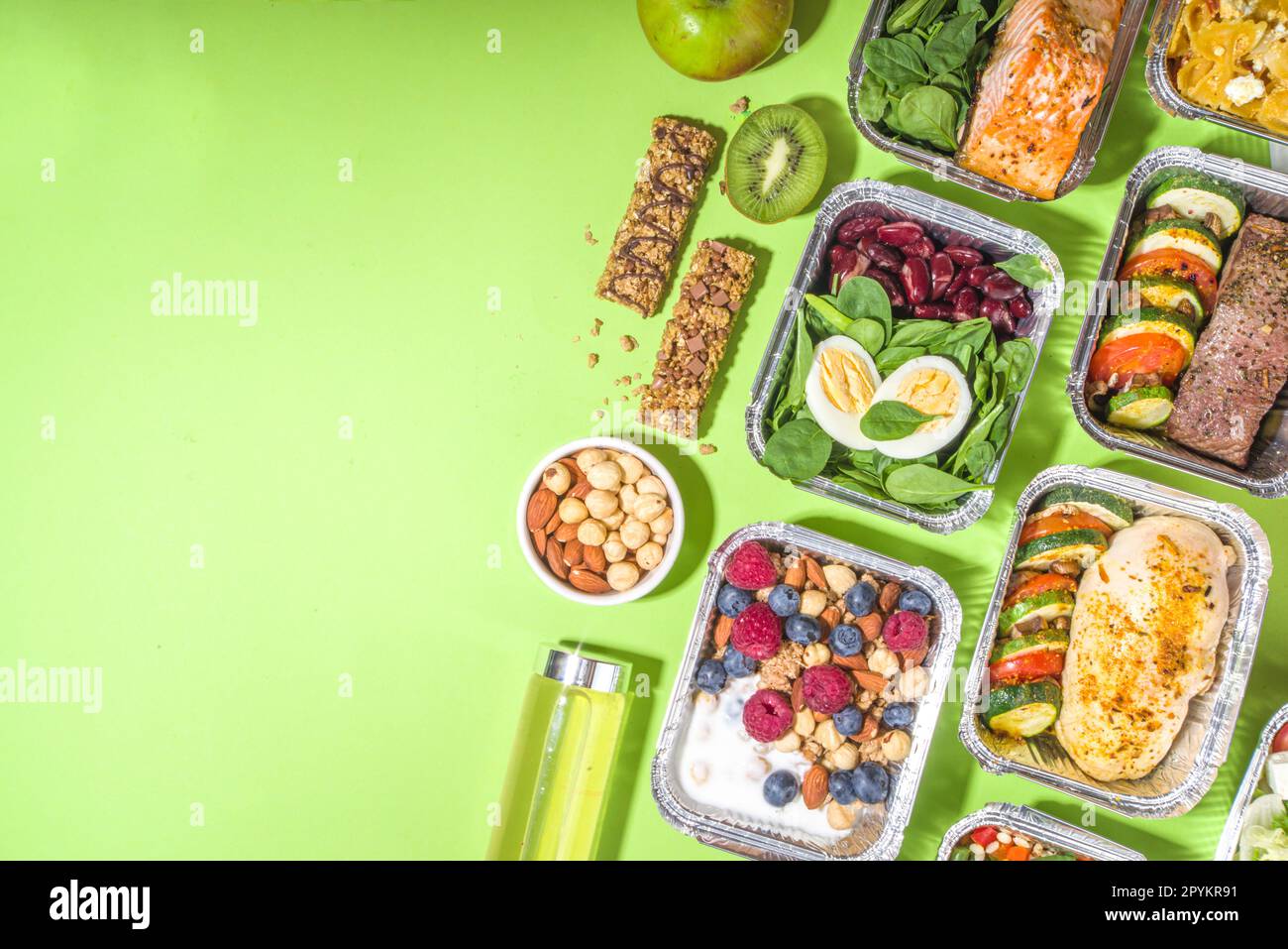 Healthy catering menu, courier food delivery lunch boxes. Beef steak ...