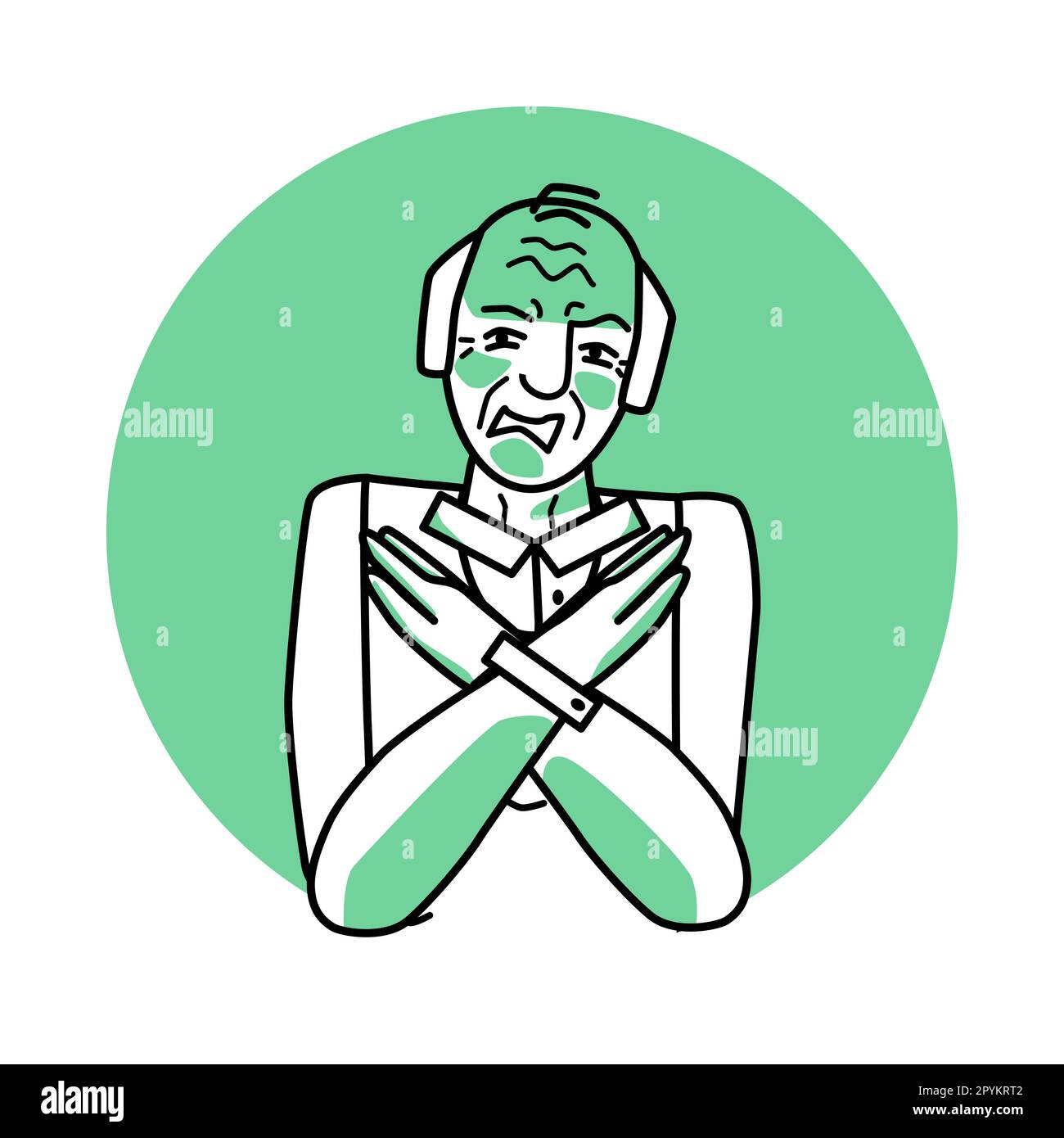 Old man with emotion of disgust, facial expression with hands ...