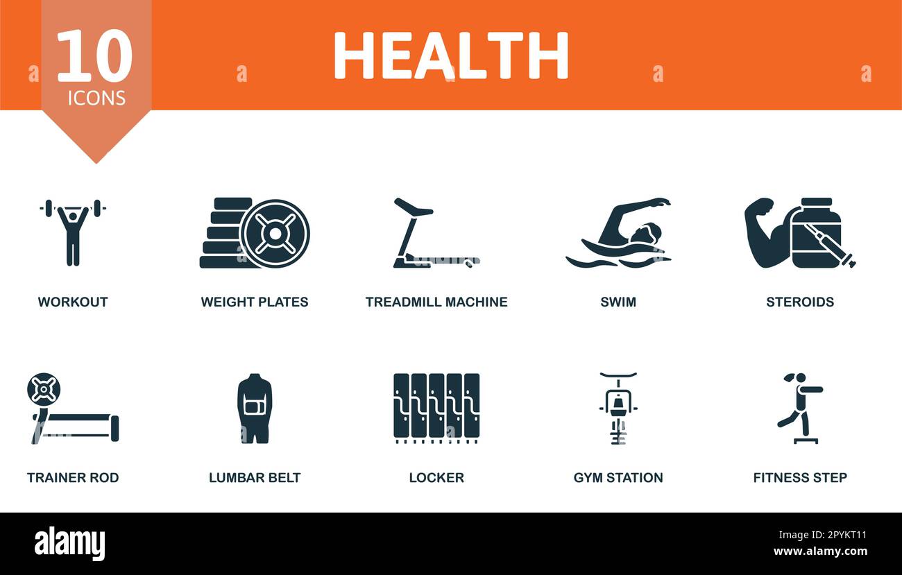 Health outline set. Creative icons: workout, weight plates, treadmill ...