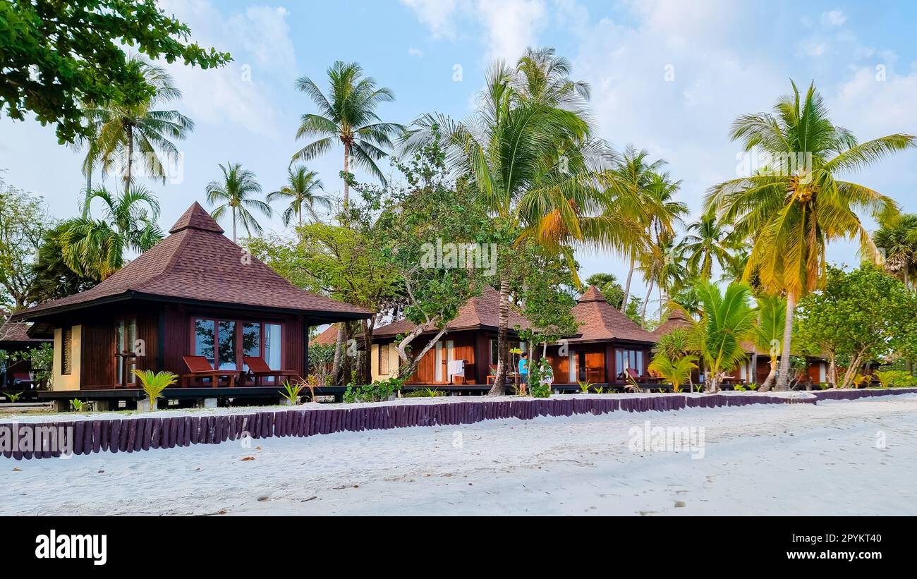 bamboo hut bungalows on the beach in Thailand. simple backpacker accommodation in Thailand Stock ...