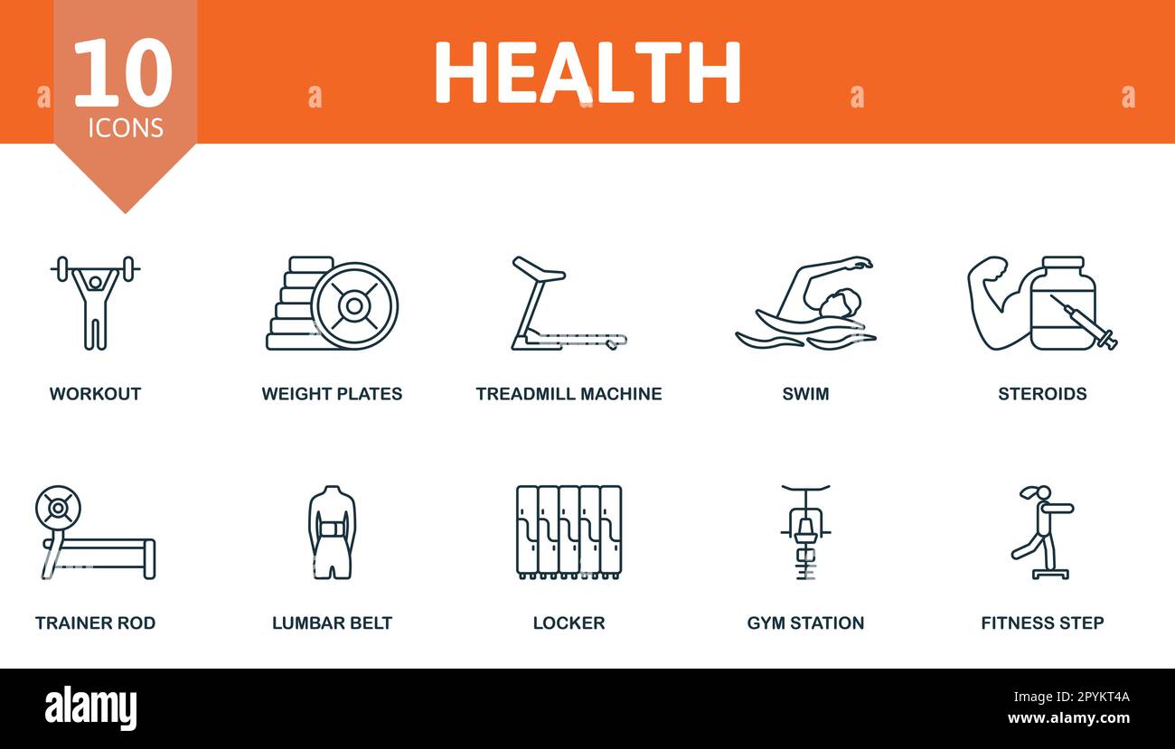 Health outline set. Creative icons: workout, weight plates, treadmill ...