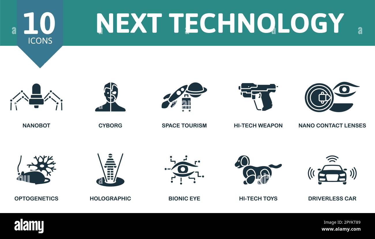 Next technology outline set. Creative icons: nanobot, cyborg, space ...