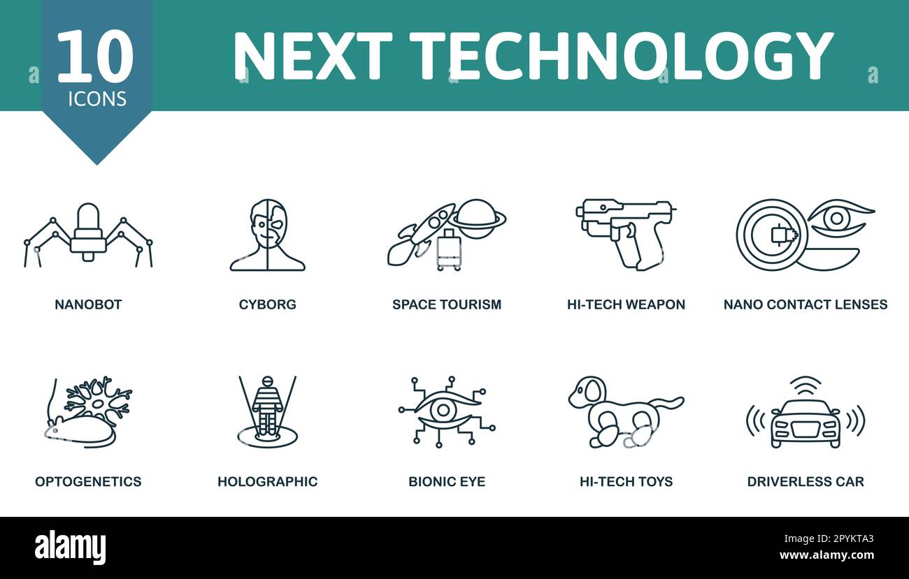 Next technology outline set. Creative icons: nanobot, cyborg, space ...