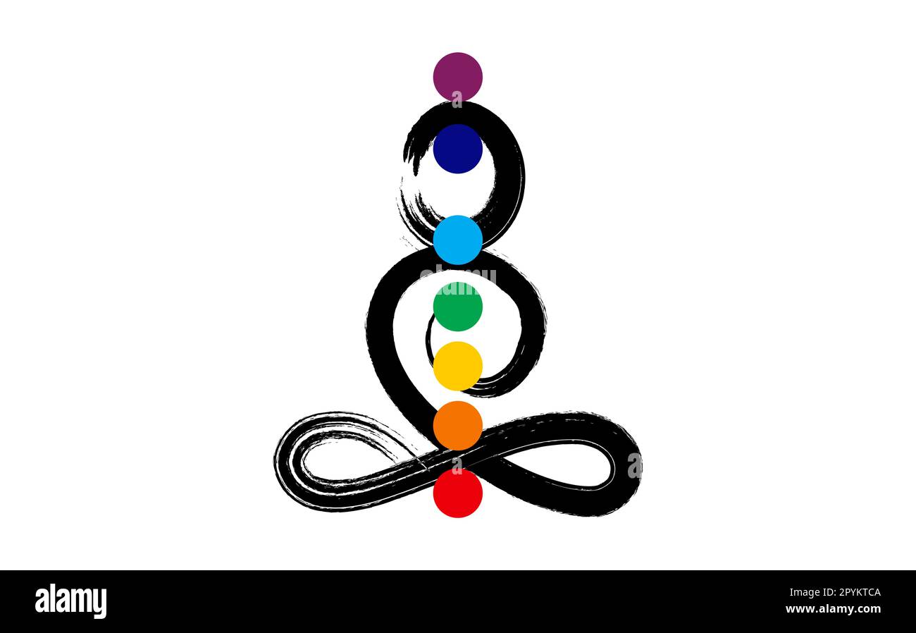 yoga position in black ink vector brush strokes symbol. Seven chakras ...
