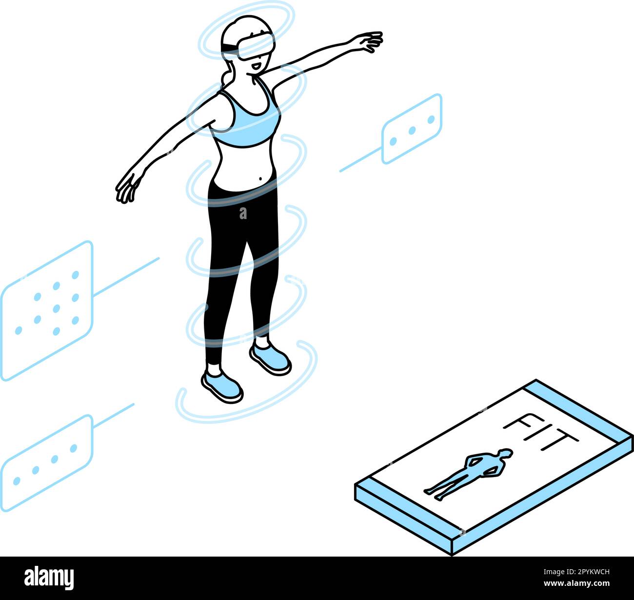 AI body shape measuring woman, with VR fitness app with VR goggles on ...