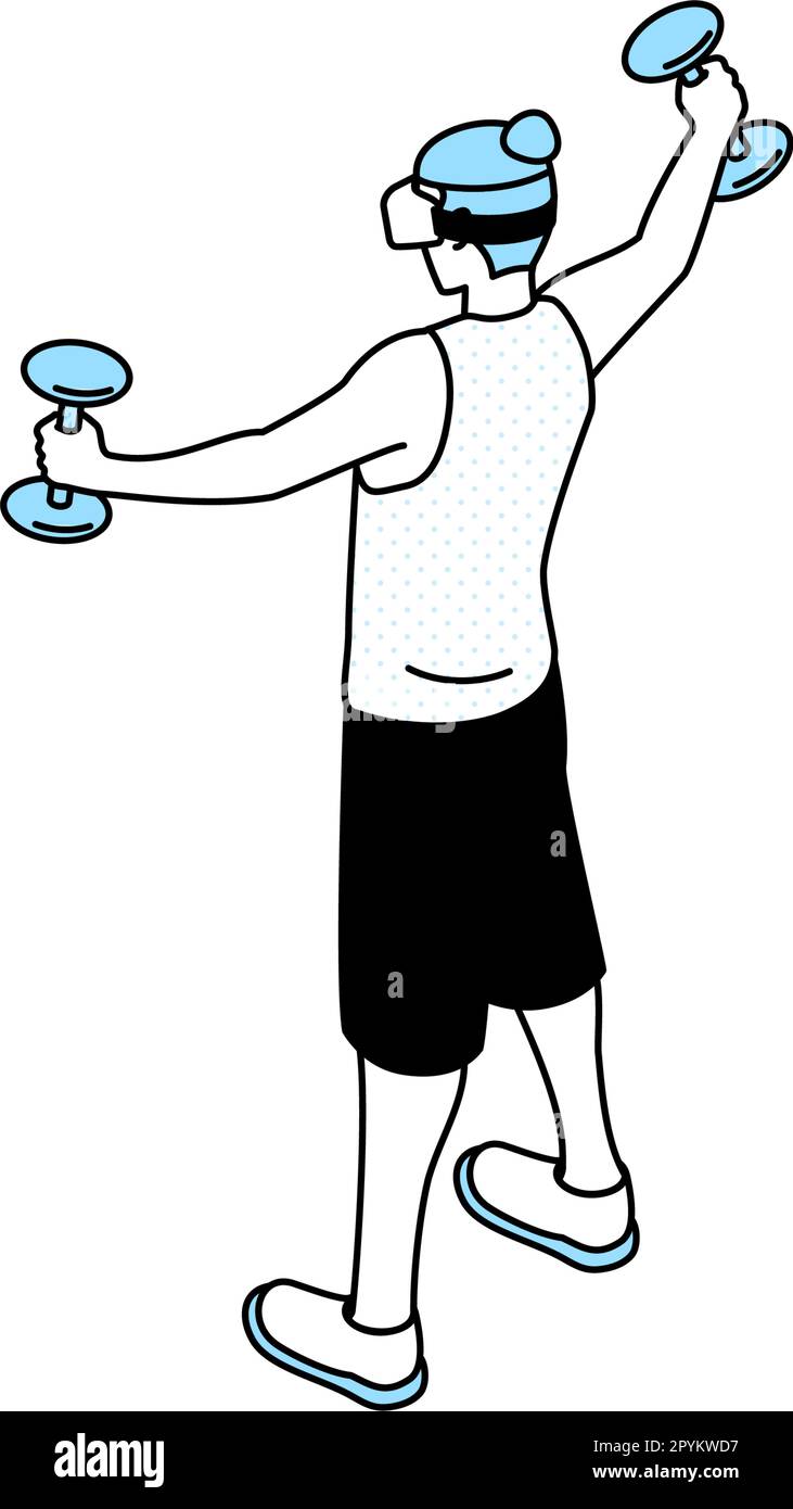 VR fitness, man wearing VR goggles doing dumbbell training, Vector ...