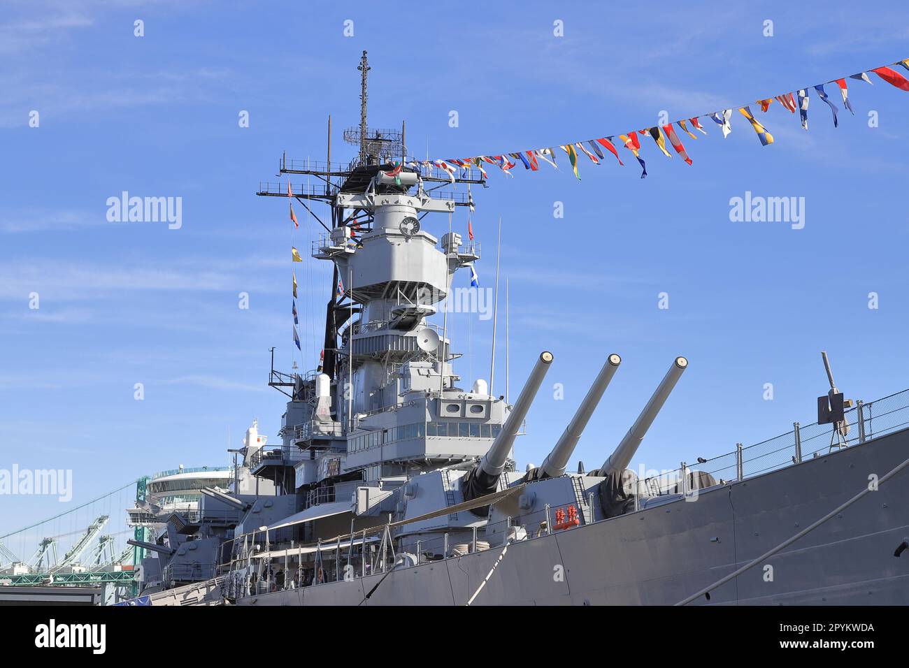 A view of the battleship USS Iowa moored in San Pedro, Los Angeles. The ...