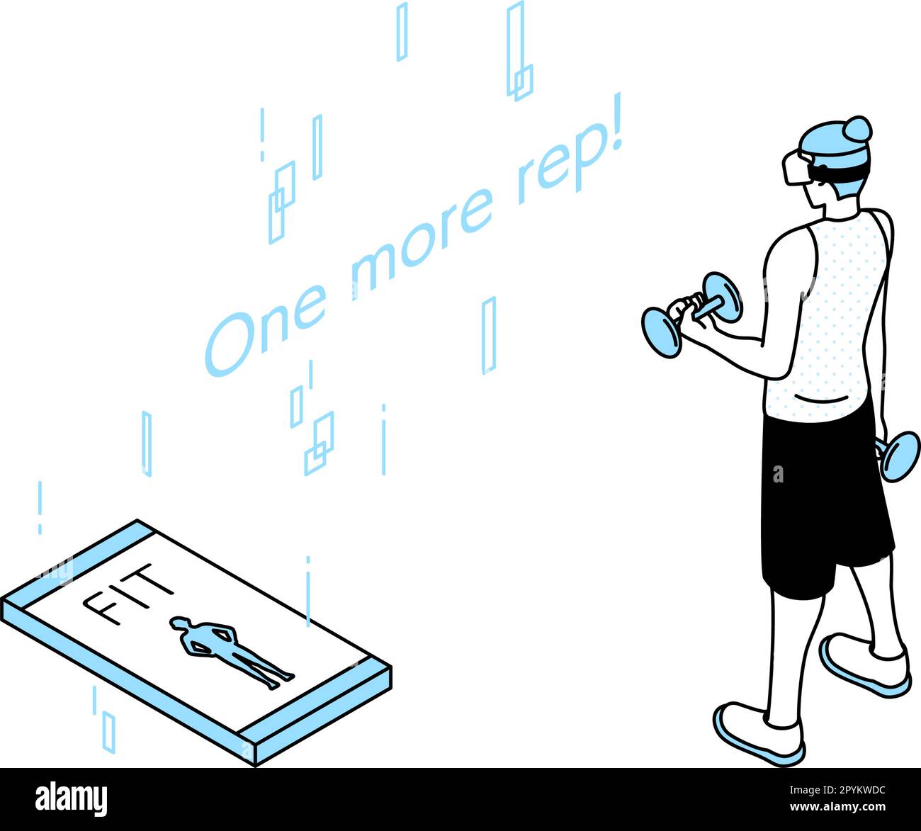 VR fitness, man wearing VR goggles doing dumbbell training, Vector ...