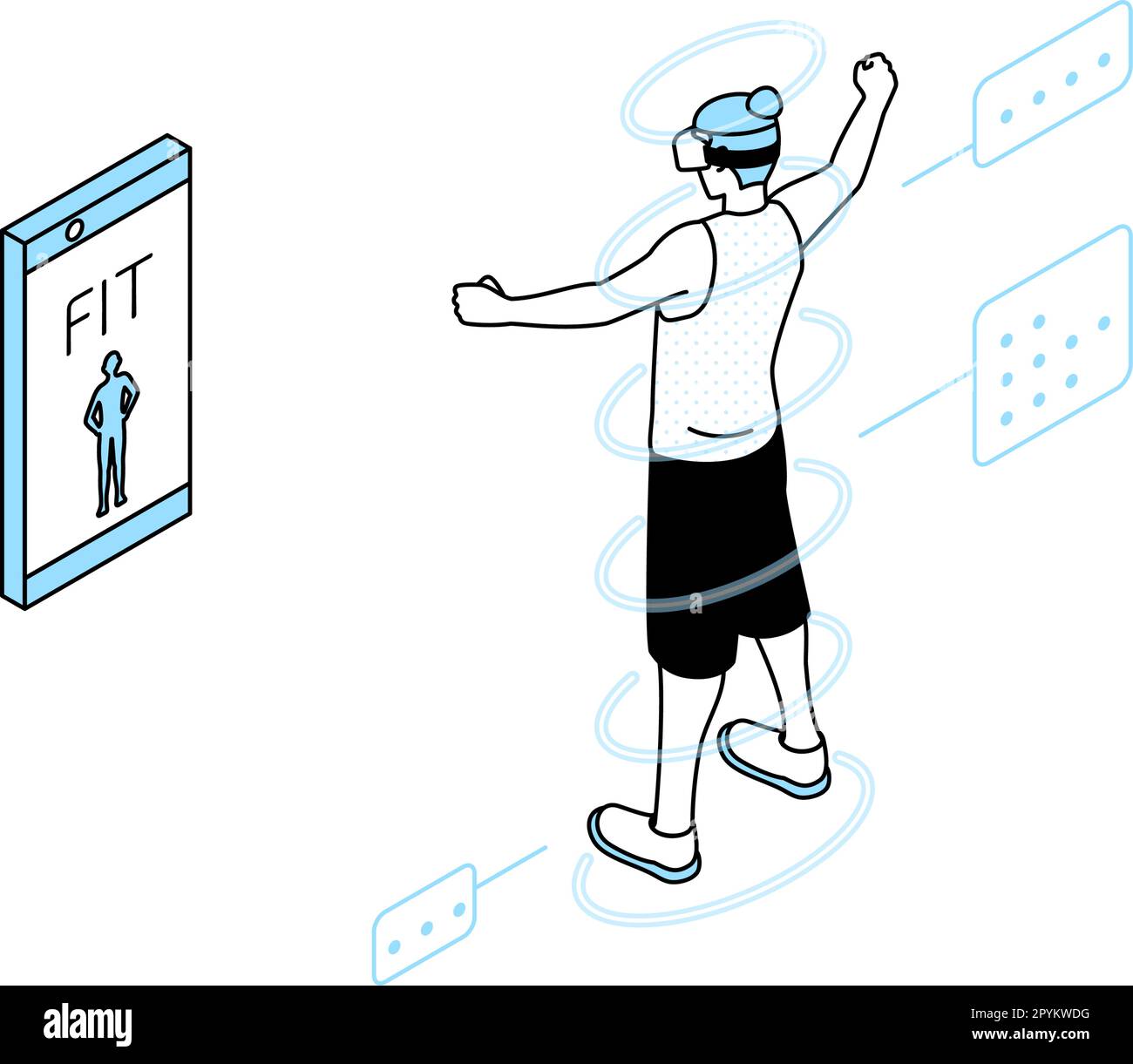 AI body shape measuring men, with VR fitness app with VR goggles on ...