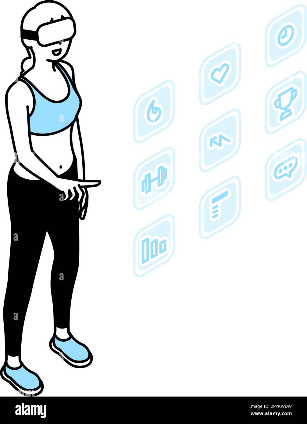 Woman touching the menu icon in the air, VR fitness app, wearing VR ...