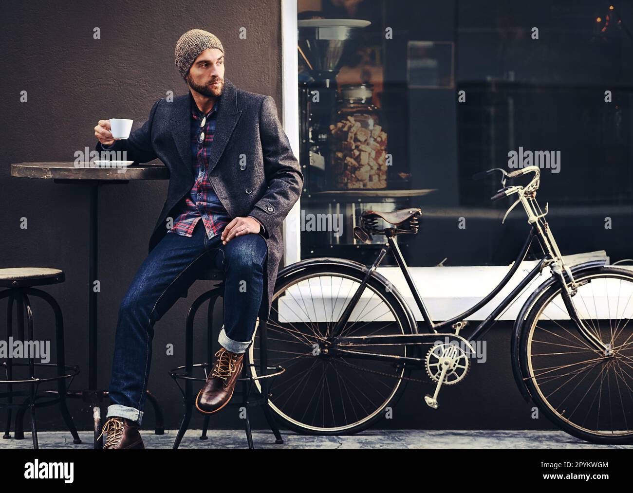 Thinking, cafe and man with a coffee, bicycle and relax with thoughts ...