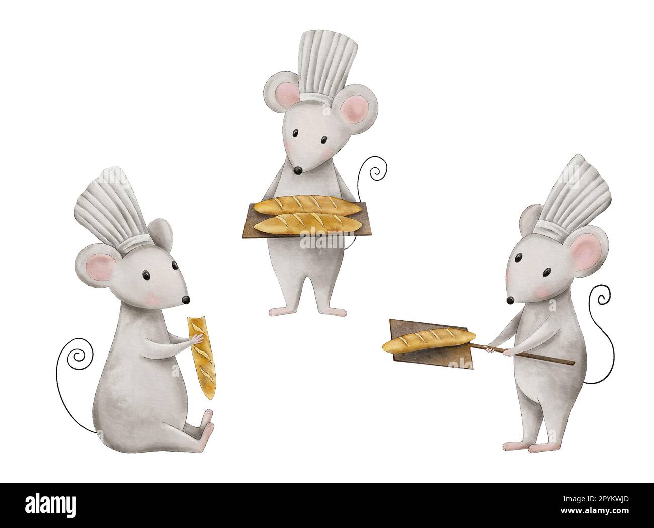 Watercolor boy mouse holding a freshly baked hot delicious bread ...