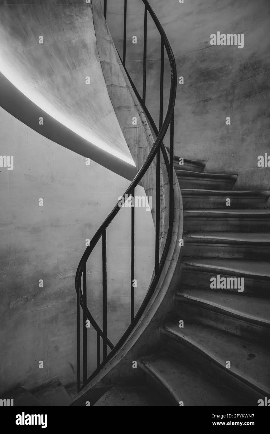 Old vintage spiral staircase. Black and white photography Stock Photo ...