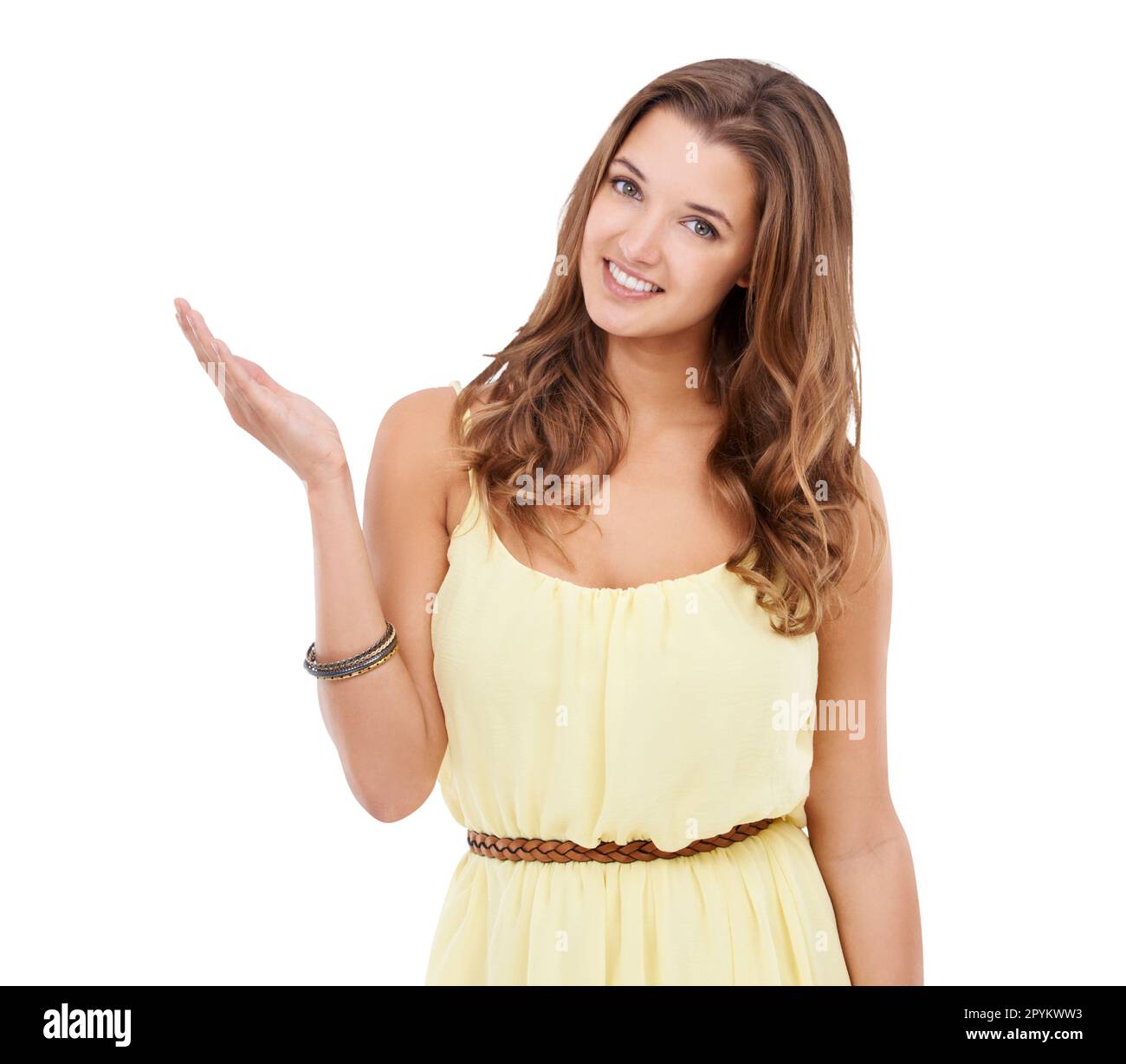 Isolated woman, open hand and portrait with smile, review and open hand ...