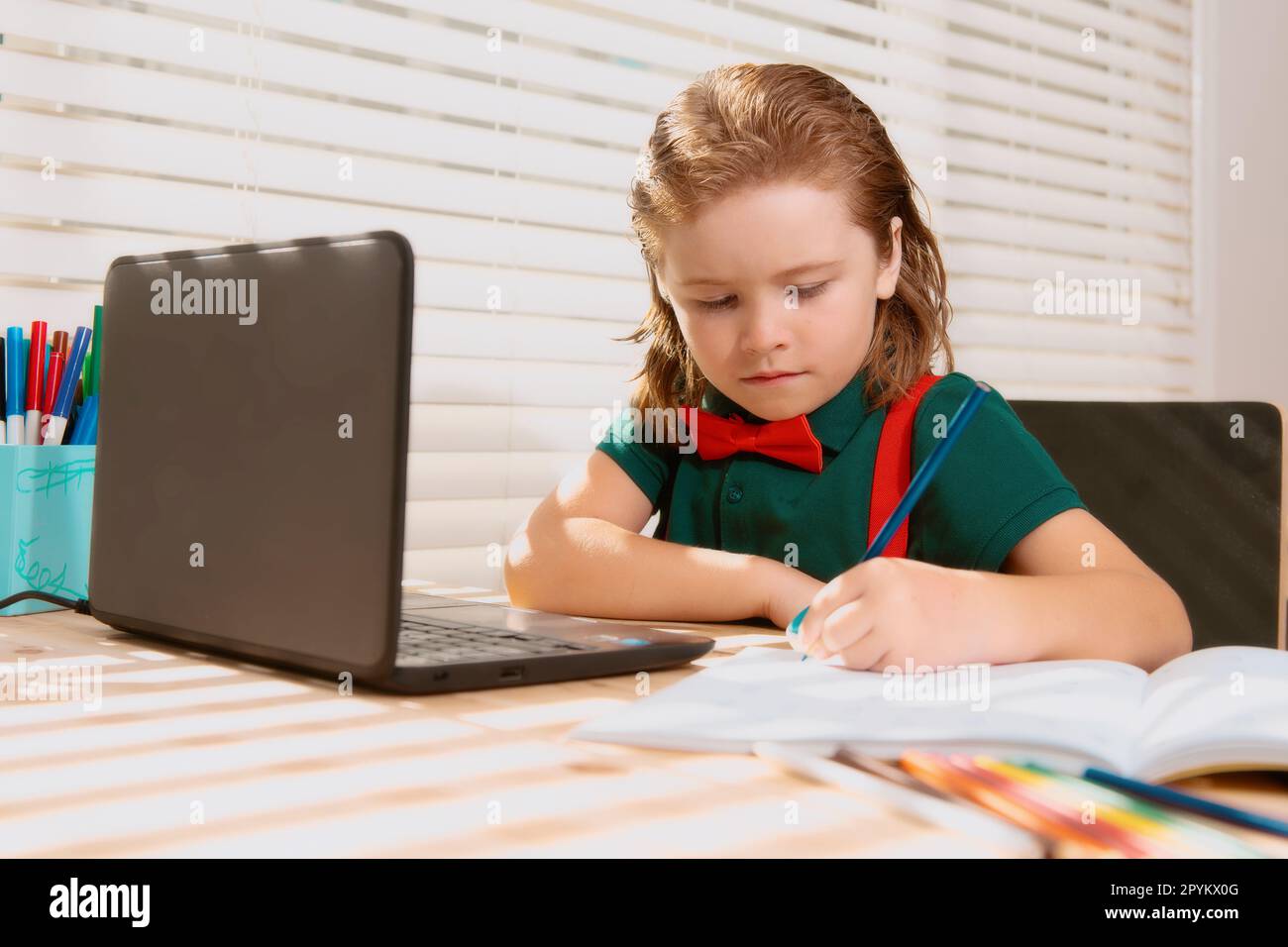Serious school boy concentrated on drawing when sitting near laptop at ...
