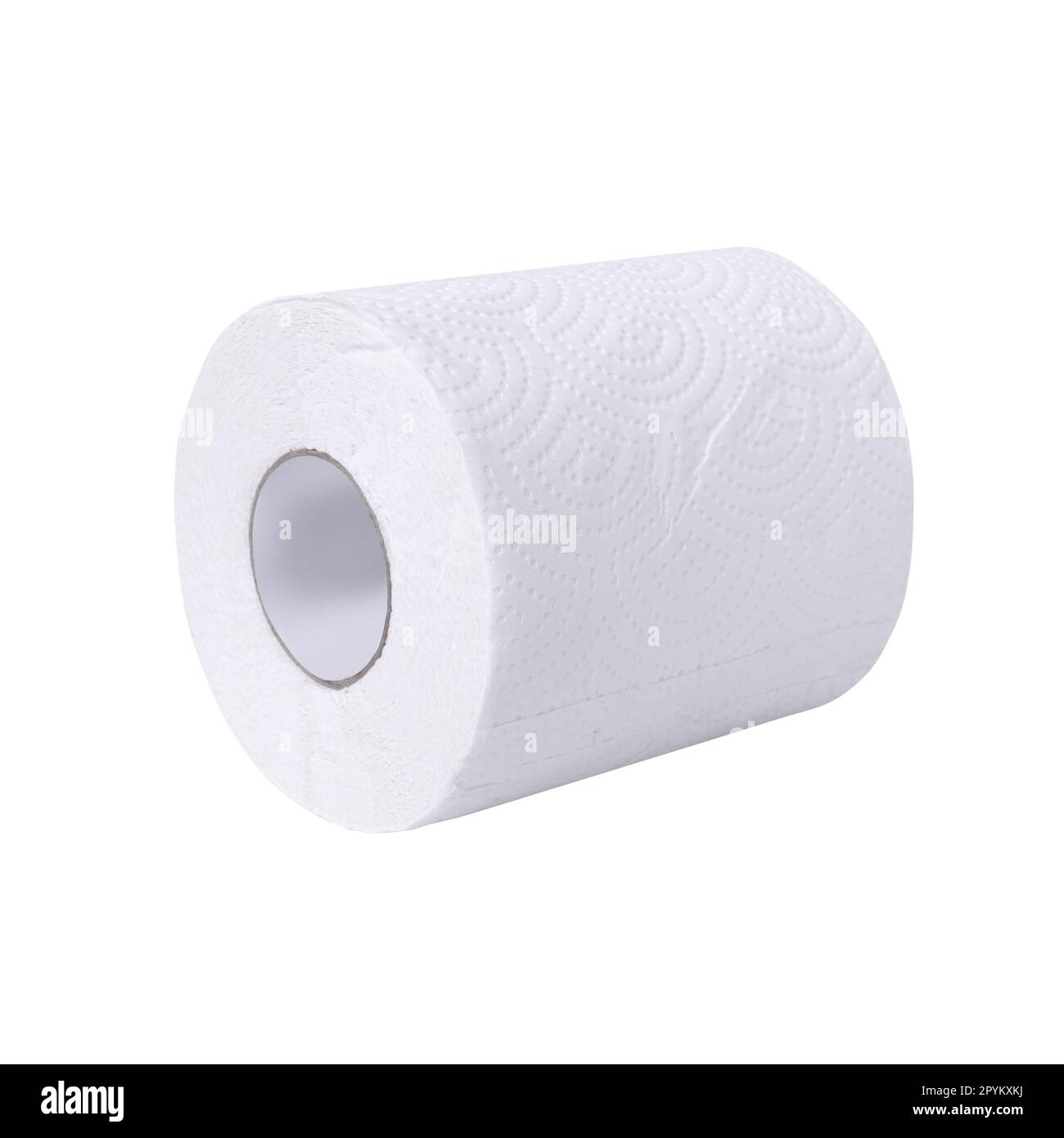 An isolated photograph of a white, textured paper towel roll against a ...