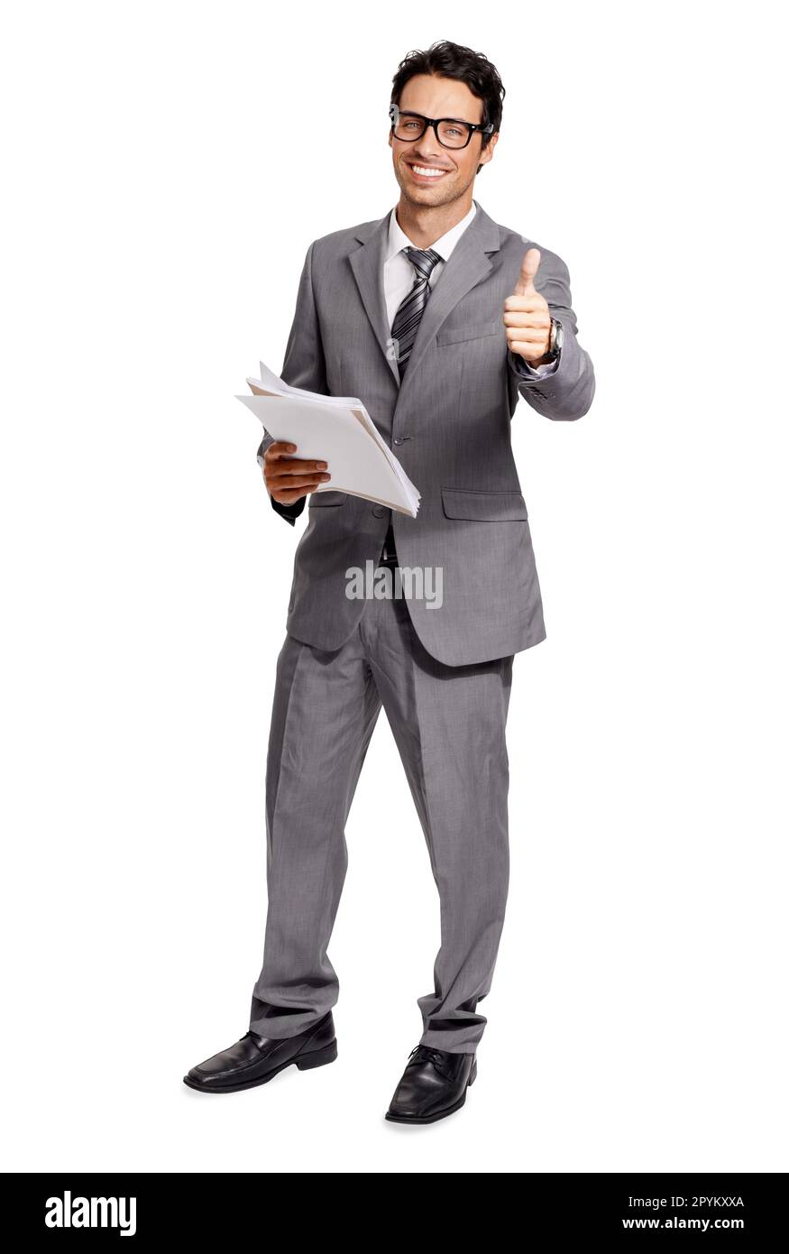 Portrait, thumbs up and business man with documents isolated on a ...