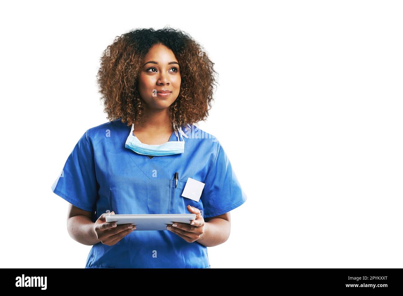 healthcare, nurse and black woman smiling with technology for idea or ...