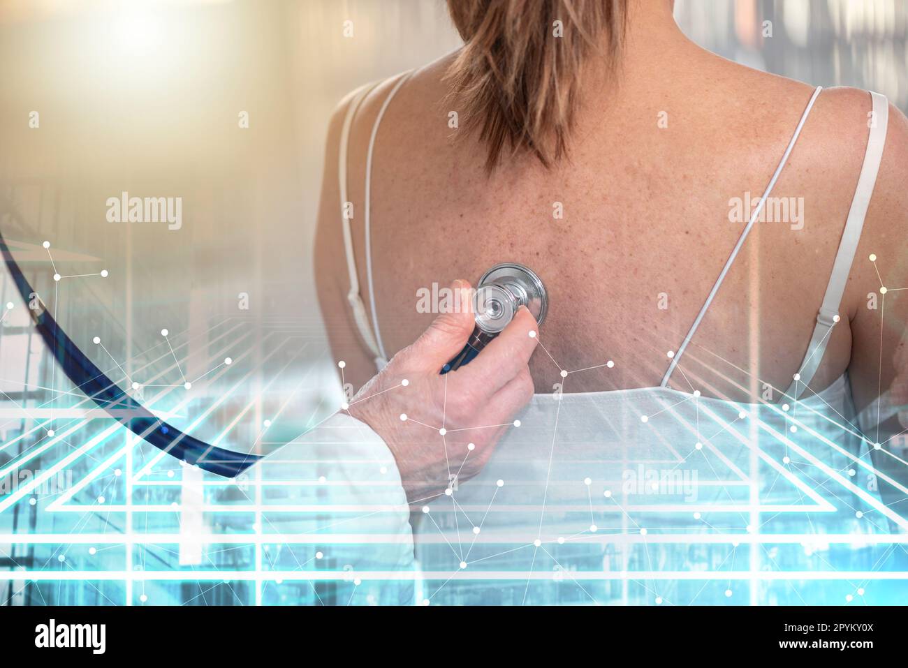 Doctor auscultating his female patient with stethoscope; multiple ...