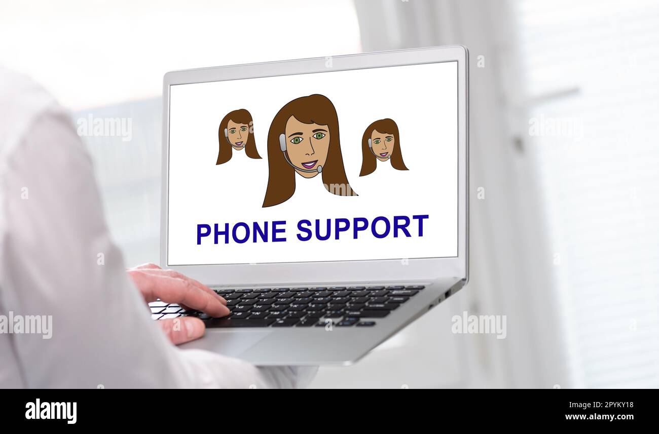 Laptop screen displaying a phone support concept Stock Photo - Alamy