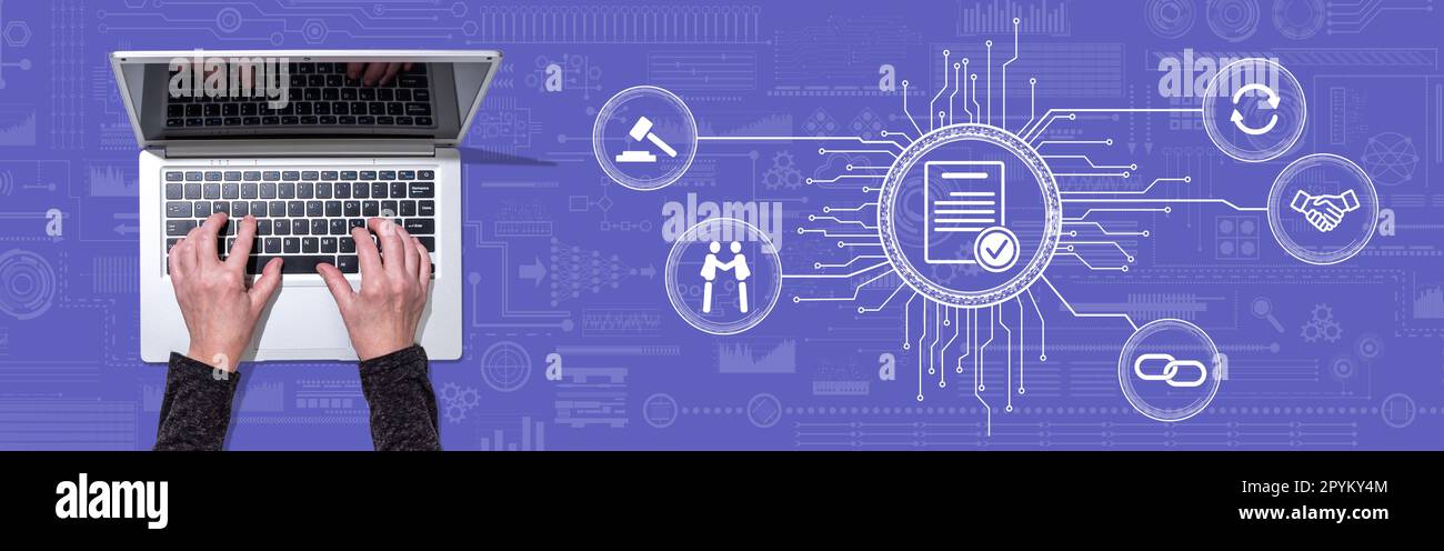 Top view of hands using laptop with symbol of agreement concept Stock ...