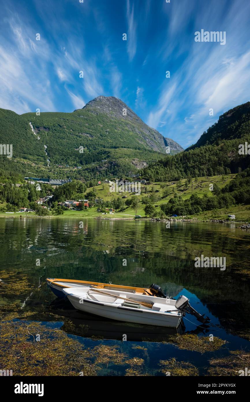 A rowing boat on lake Agvatnet at Å, southernmost settlement in the ...