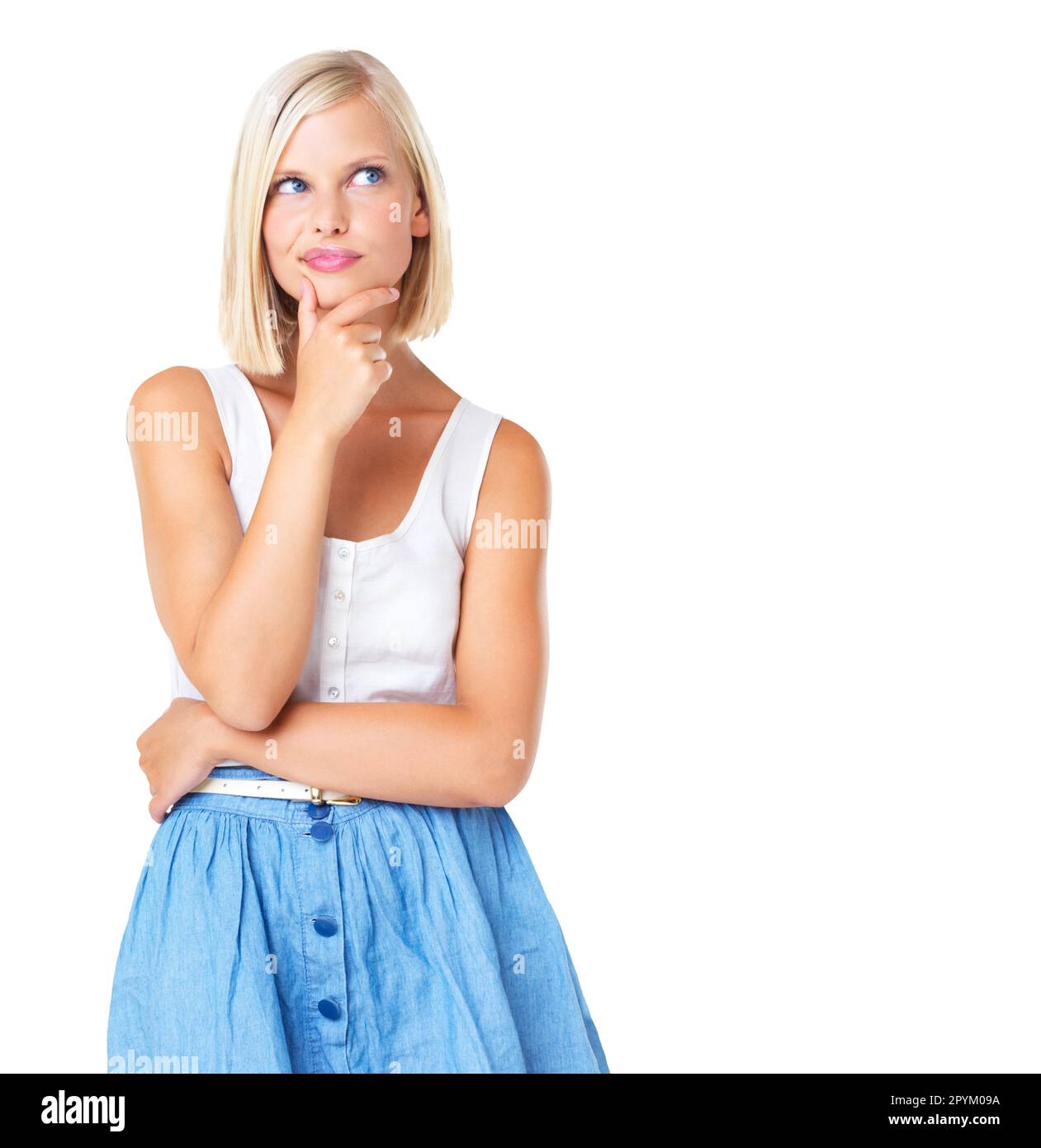 Woman is thinking with ideas, inspiration and memory with decision or ...