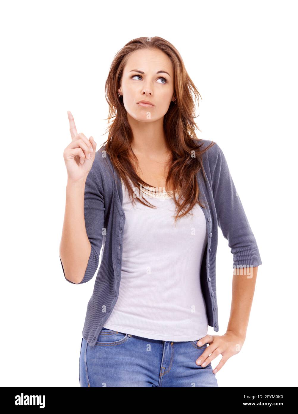 Thinking, confused and pointing with woman on png for questions, doubt ...