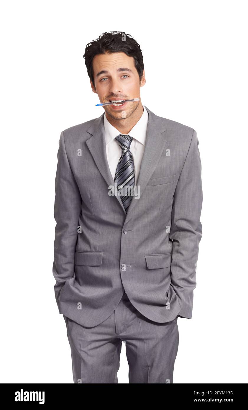 Business man, portrait and biting pen isolated on a transparent, png ...
