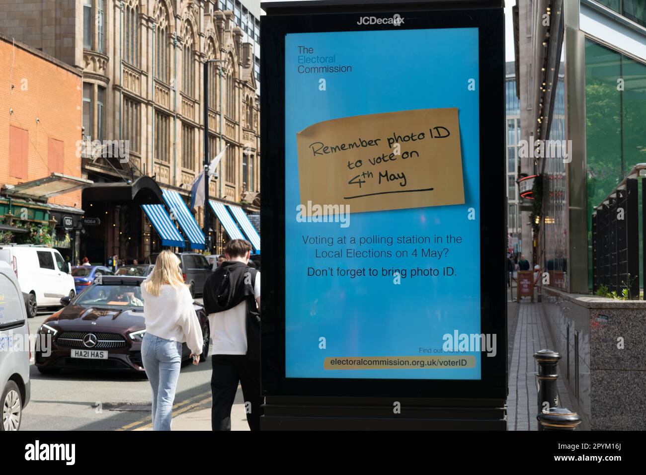 Advert for voter photo ID in local election on 4h May. Manchester UK ...