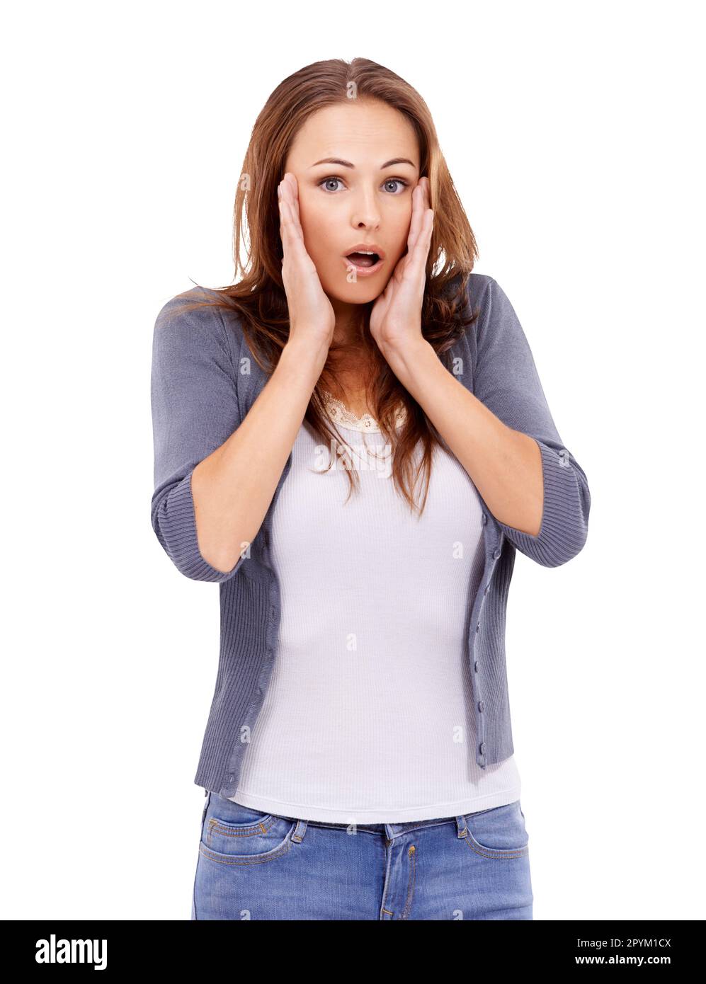 Shocked, surprise and portrait of woman on png for announcement, news ...