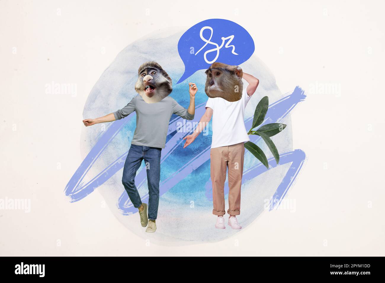 Collage picture of two monkey head people dance communicate dialogue ...